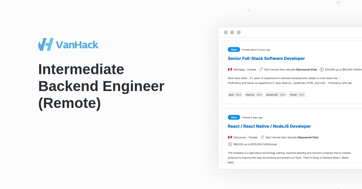 Intermediate Backend Engineer (Remote) - VanHack